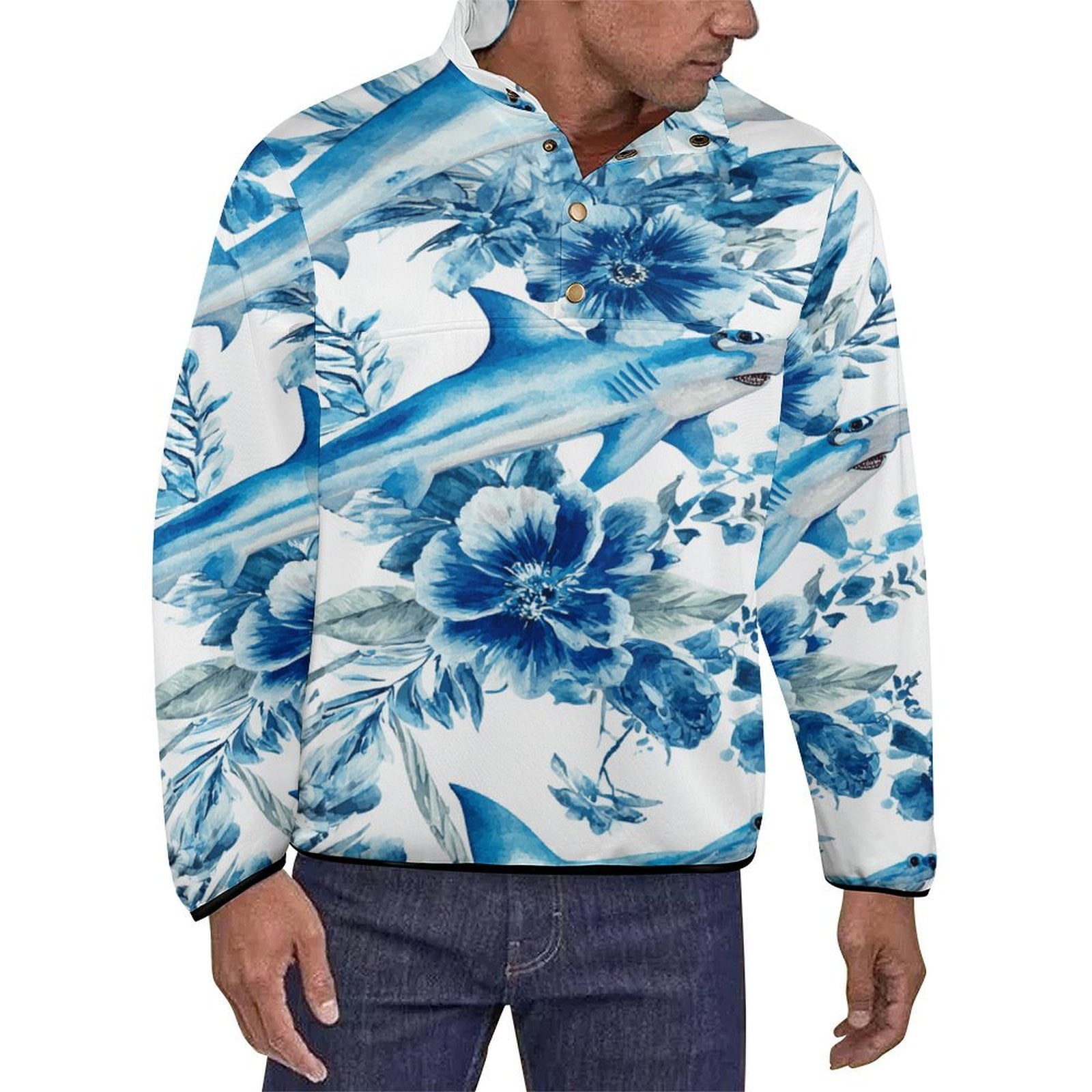 Abstract Blue Floral Hammerhead Shark Men's Stand Collar Sweater Long ...