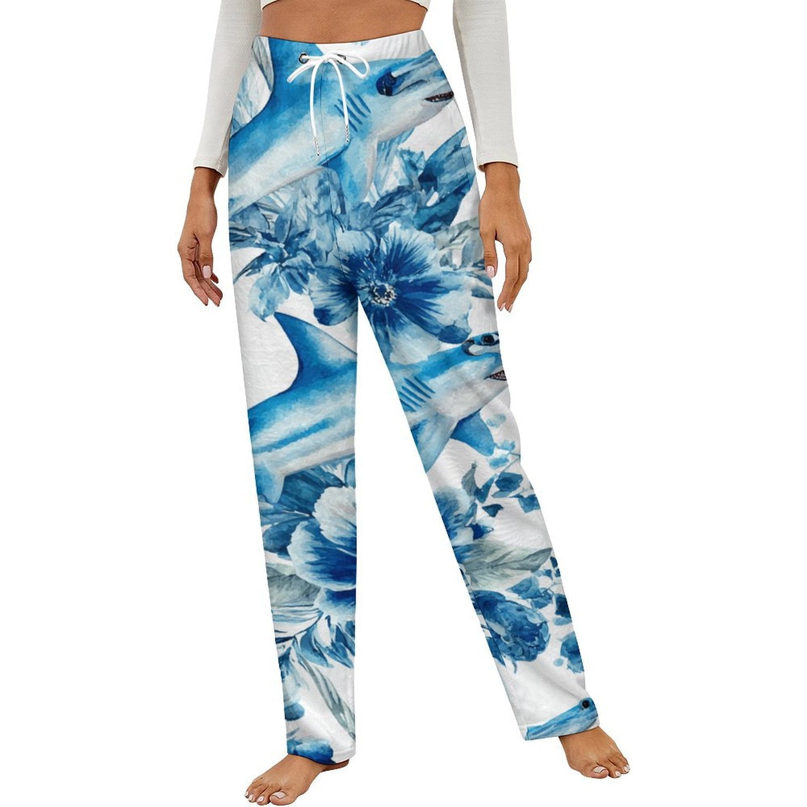 Abstract Blue Floral Hammerhead Shark Winter Female Pants Flannel High ...