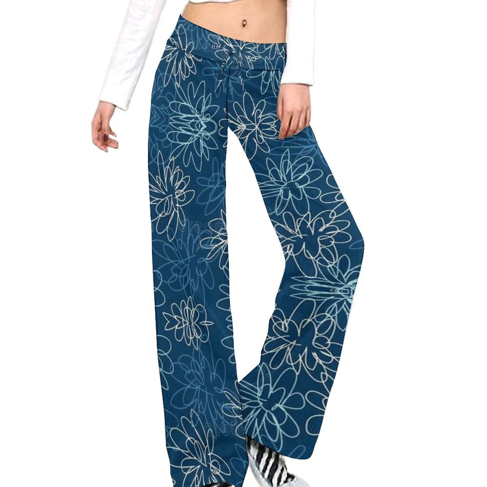 Abstract Blue Floral Line Art Summer Outfits Flowy Palazzo Pants for ...