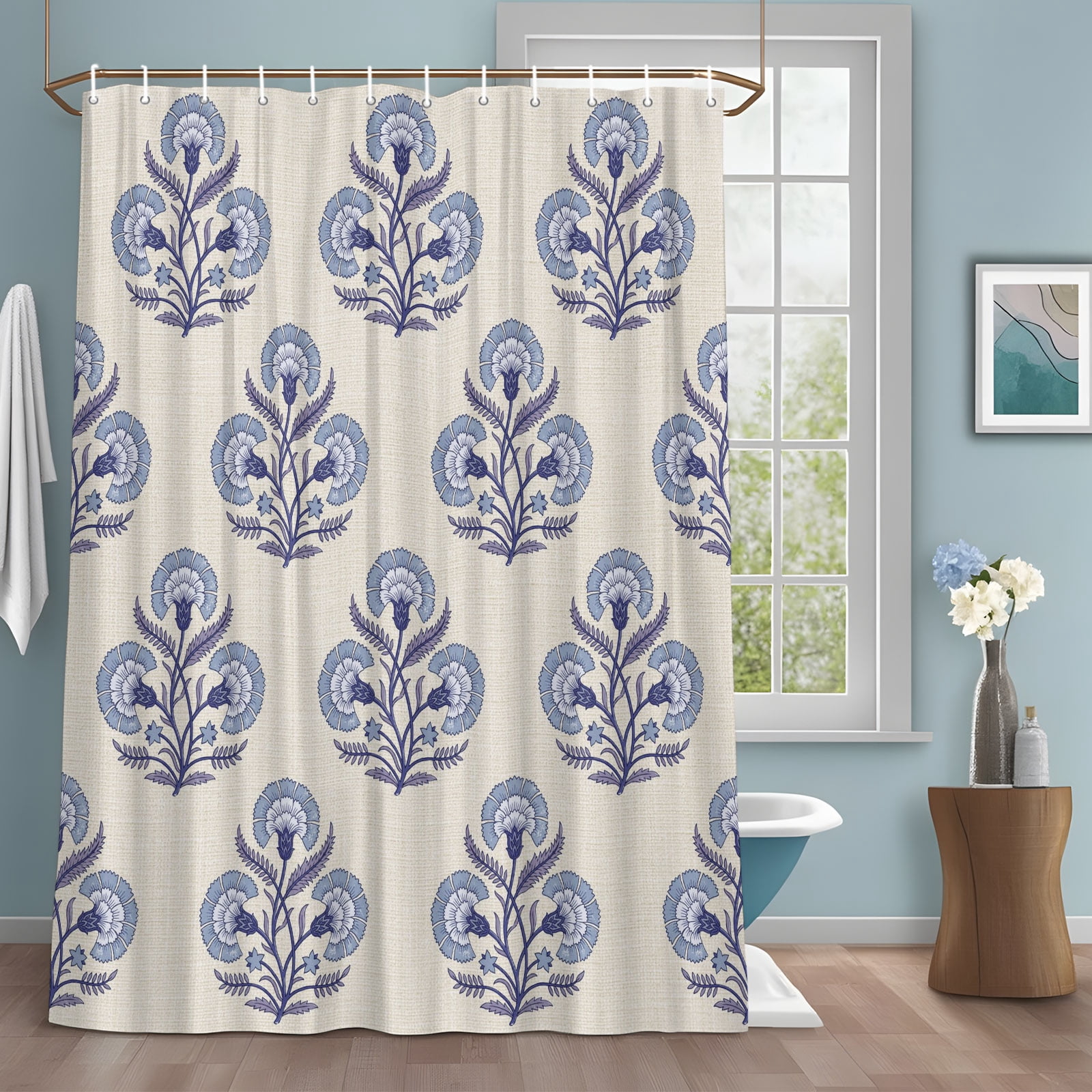Abstract Blue Floral Shower Curtain Set with Hooks, Vintage Exotic ...