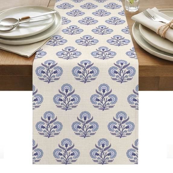 Abstract Blue Floral Table Runner, Vintage Exotic Tribal Pastoral ...