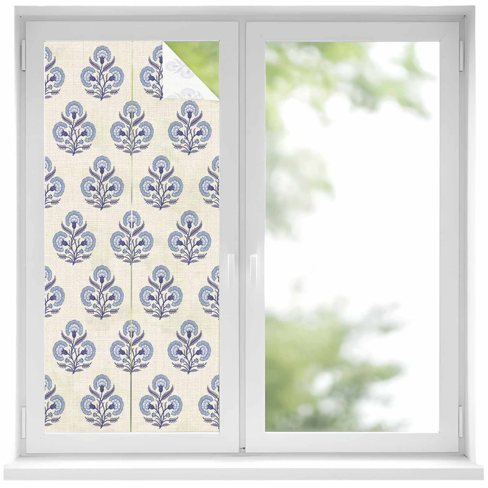 Abstract Blue Floral Window Privacy Film, Vintage Exotic Tribal ...