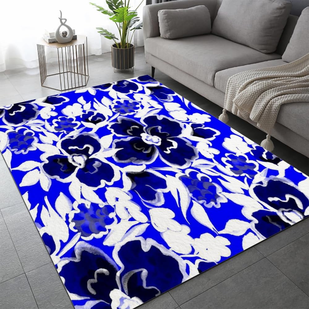 Abstract Blue Flowers Area Rug,Flowers Washable Rug, Non-Slip Non ...