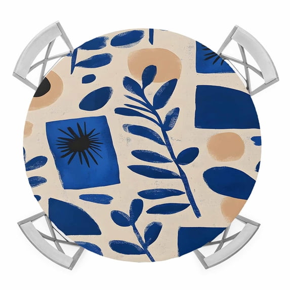 Abstract Blue Flowers Elastic Fitted Round Table Cover Simple Style ...