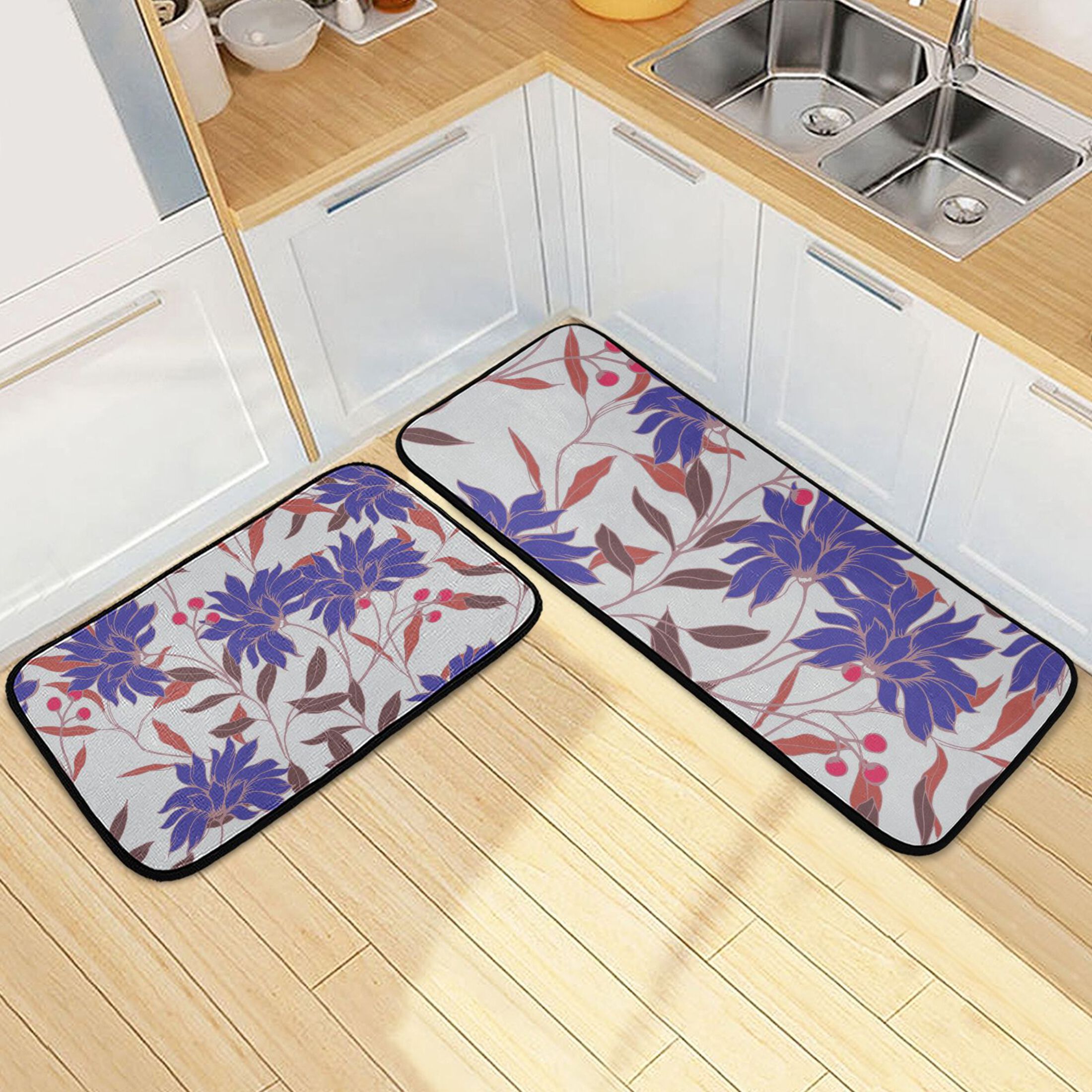 Abstract Blue Flowers Floral Kitchen Mats Set 2 Piece Non Slip Floor ...