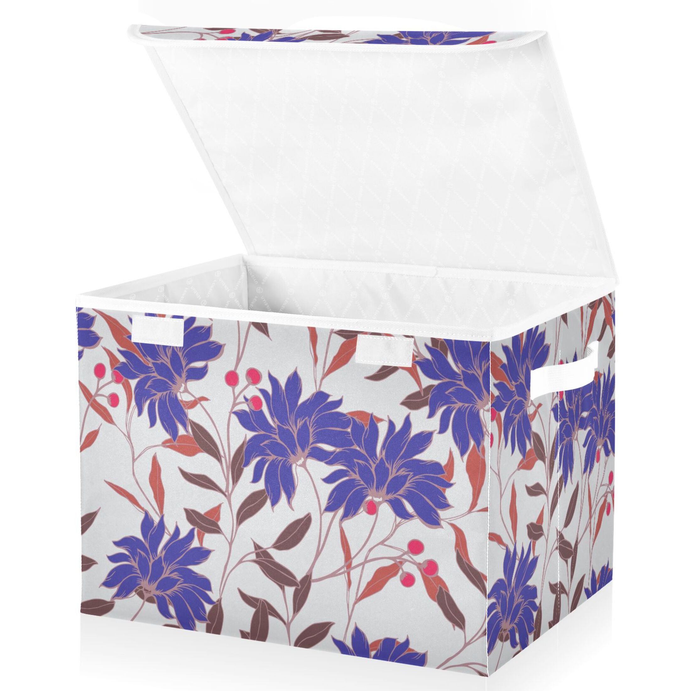 Abstract Blue Flowers Floral Large Lidded Bin Foldable Storage Baskets ...