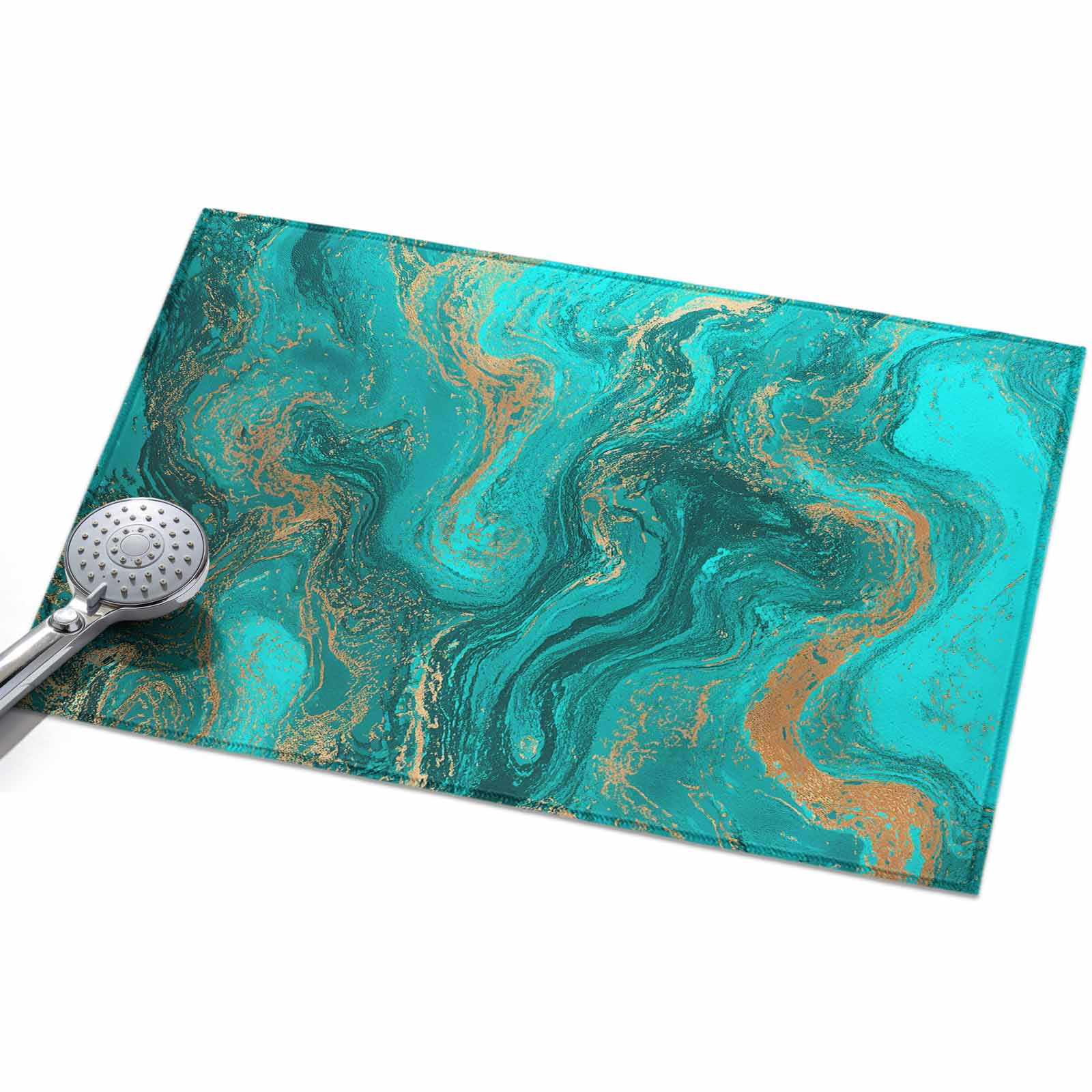 Abstract Blue Fluid Area Rug, Vintage Gold Green Marble Texture Non ...
