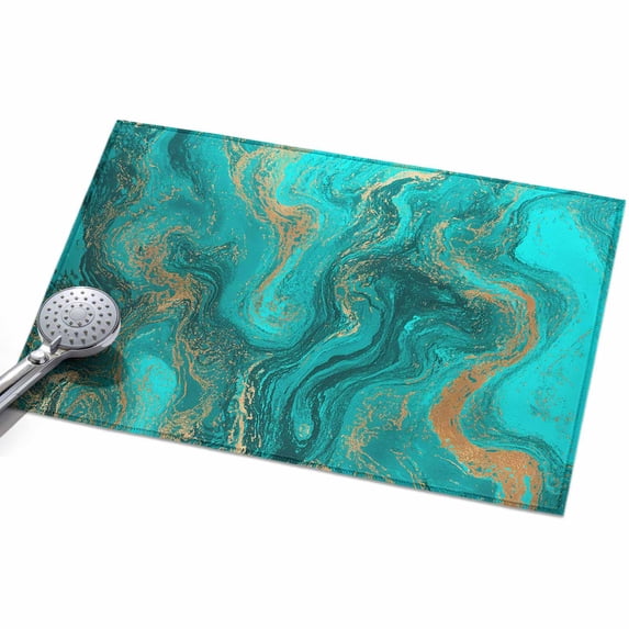 Abstract Blue Fluid Area Rug, Vintage Gold Green Marble Texture Non ...