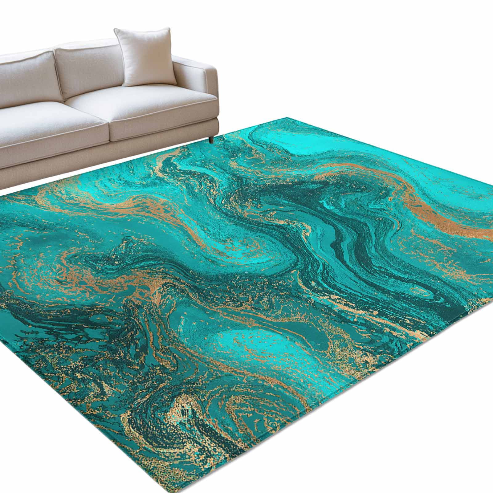 Abstract Blue Fluid Area Rug, Vintage Gold Green Marble Texture Non ...