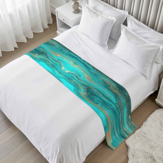 Abstract Blue Fluid Bed Runner Scarf, Vintage Gold Green Marble Texture ...