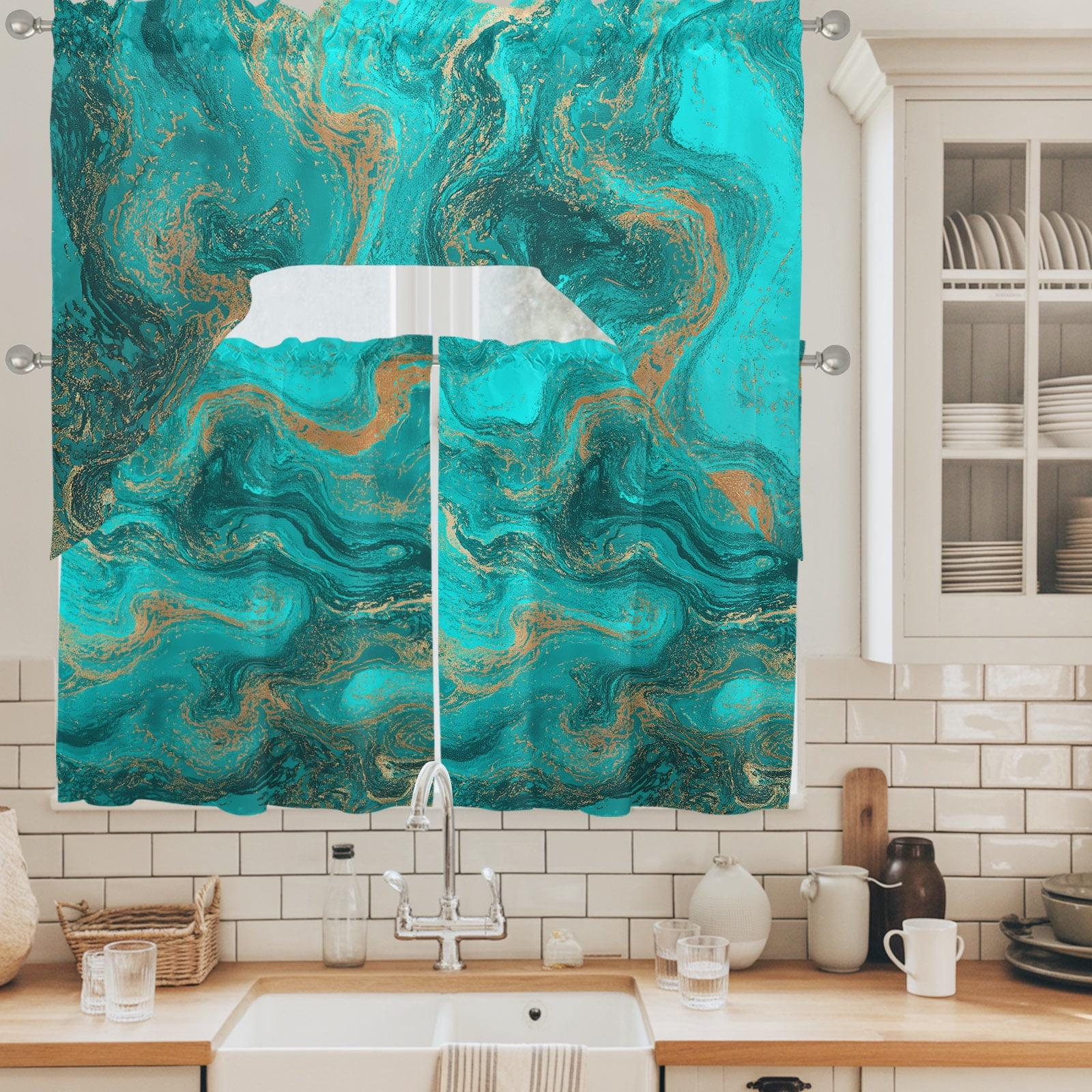 Abstract Blue Fluid Swag Curtains Valance and Tier Set, Vintage Gold ...