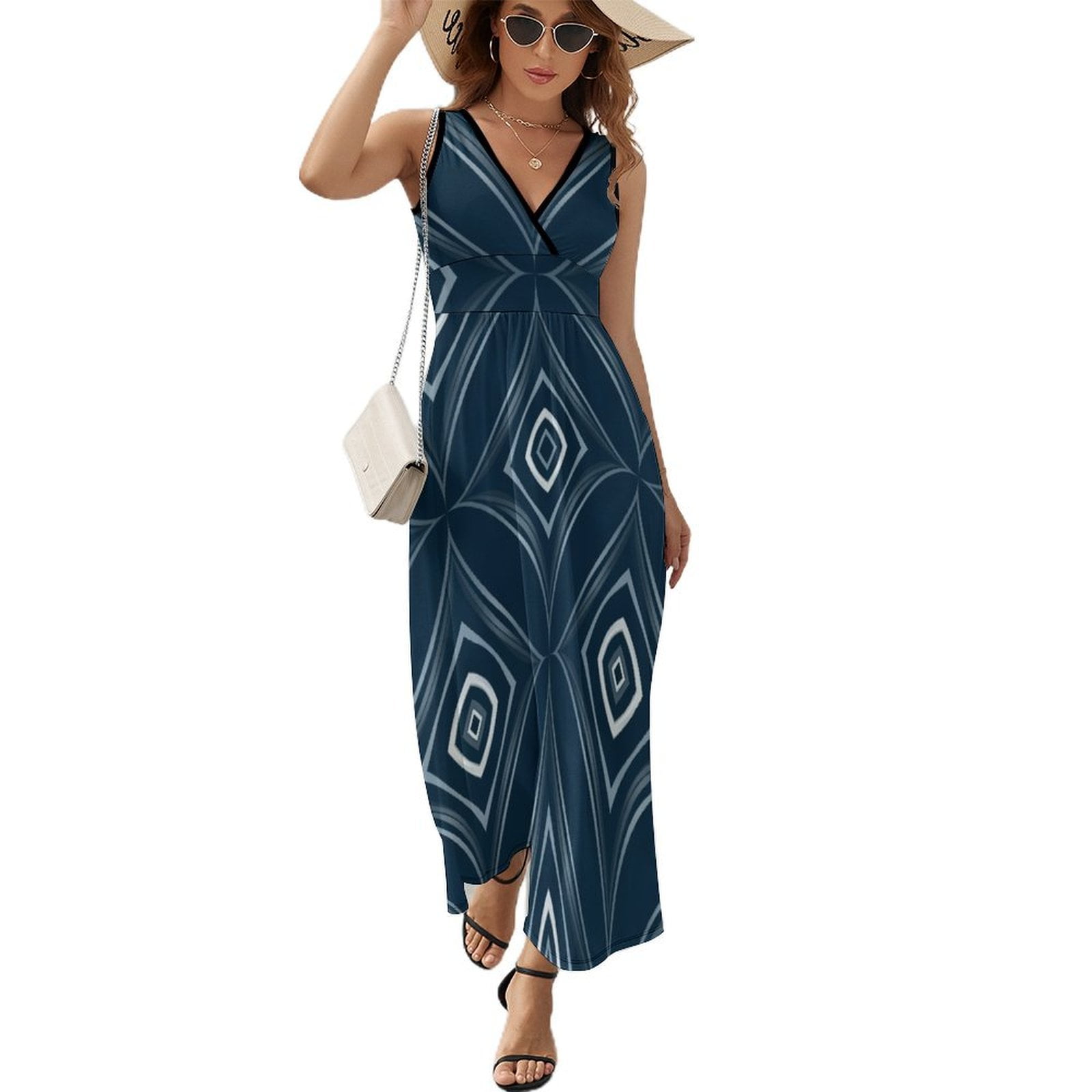 Abstract Blue Geometric Pattern Womens Night Club Maxi Dress V Neck ...