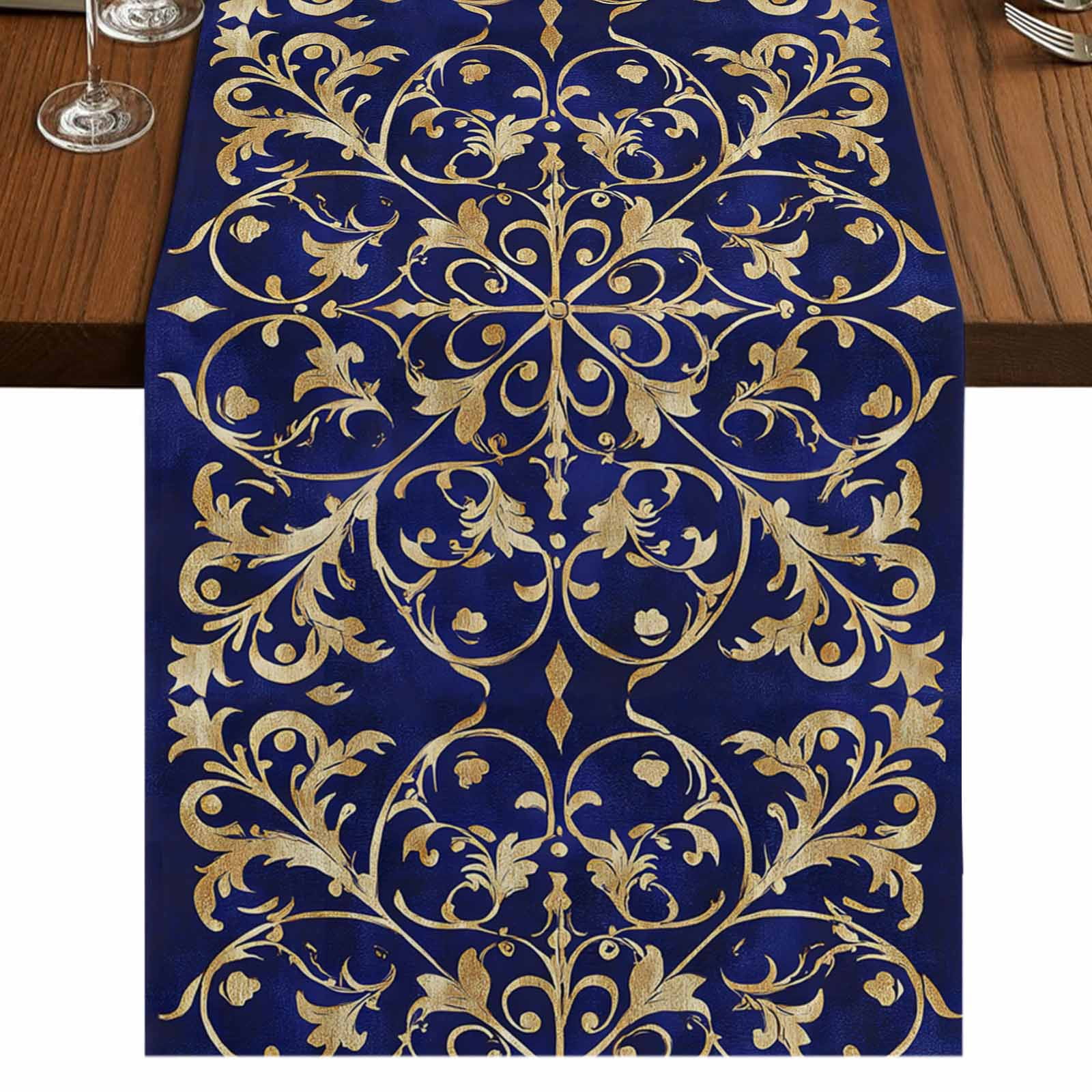 Abstract Blue Gold 48 Inch Table Runner, Luxurious Traditional Flower ...