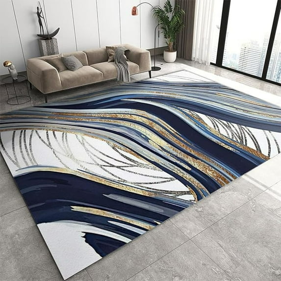 Abstract Blue And Gold Lines Rug, Modern Art Non Slip Carpet, Low Pile ...