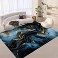 Abstract Blue and Gold Marbl Area Rug, Modern Smudge Theme Non Slip ...