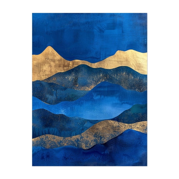 Abstract Blue and Gold Mountain Landscape with Textured Layers and Wavy ...