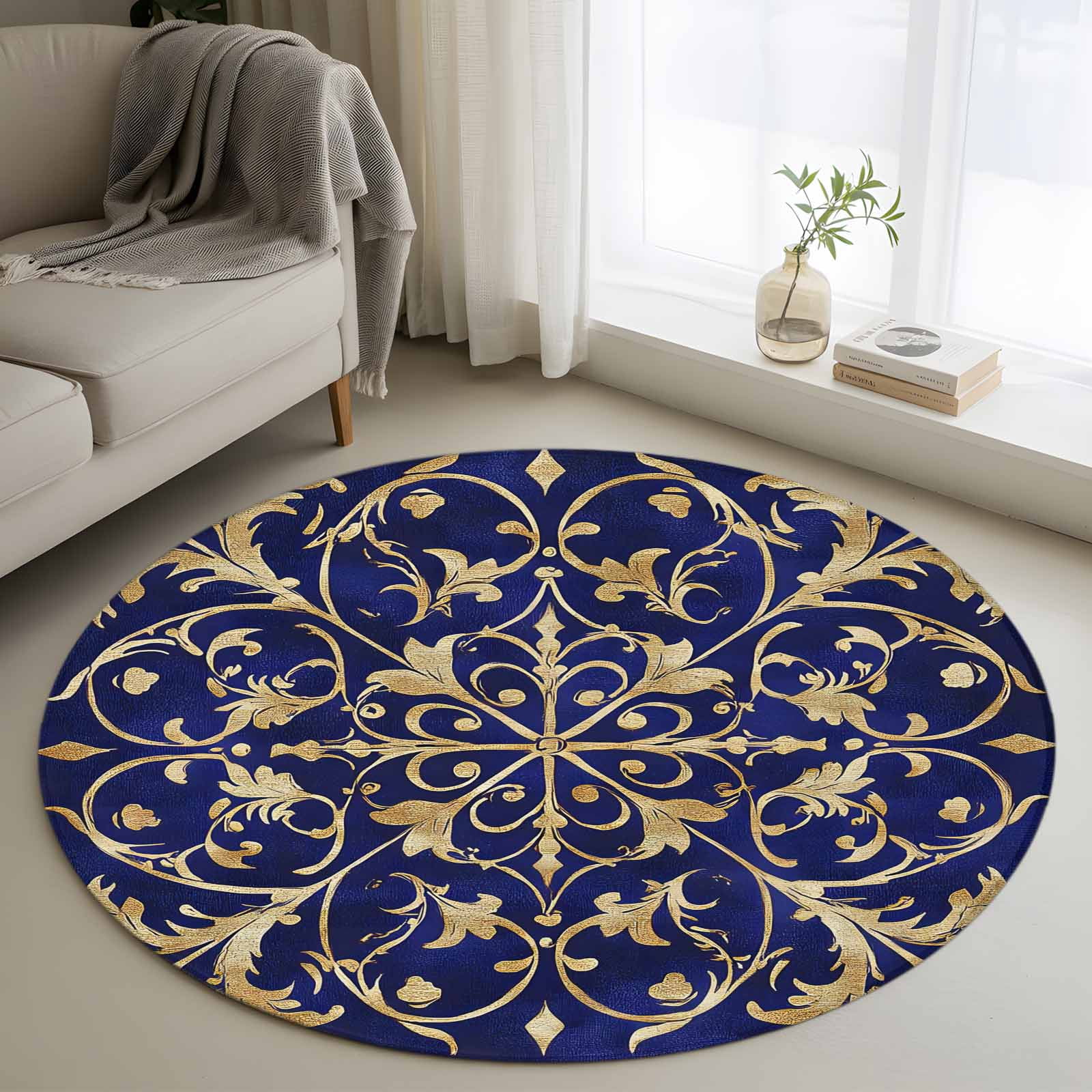 Abstract Blue Gold Round Area Rug 4 FT, Non Slip Indoor Outdoor Rug ...