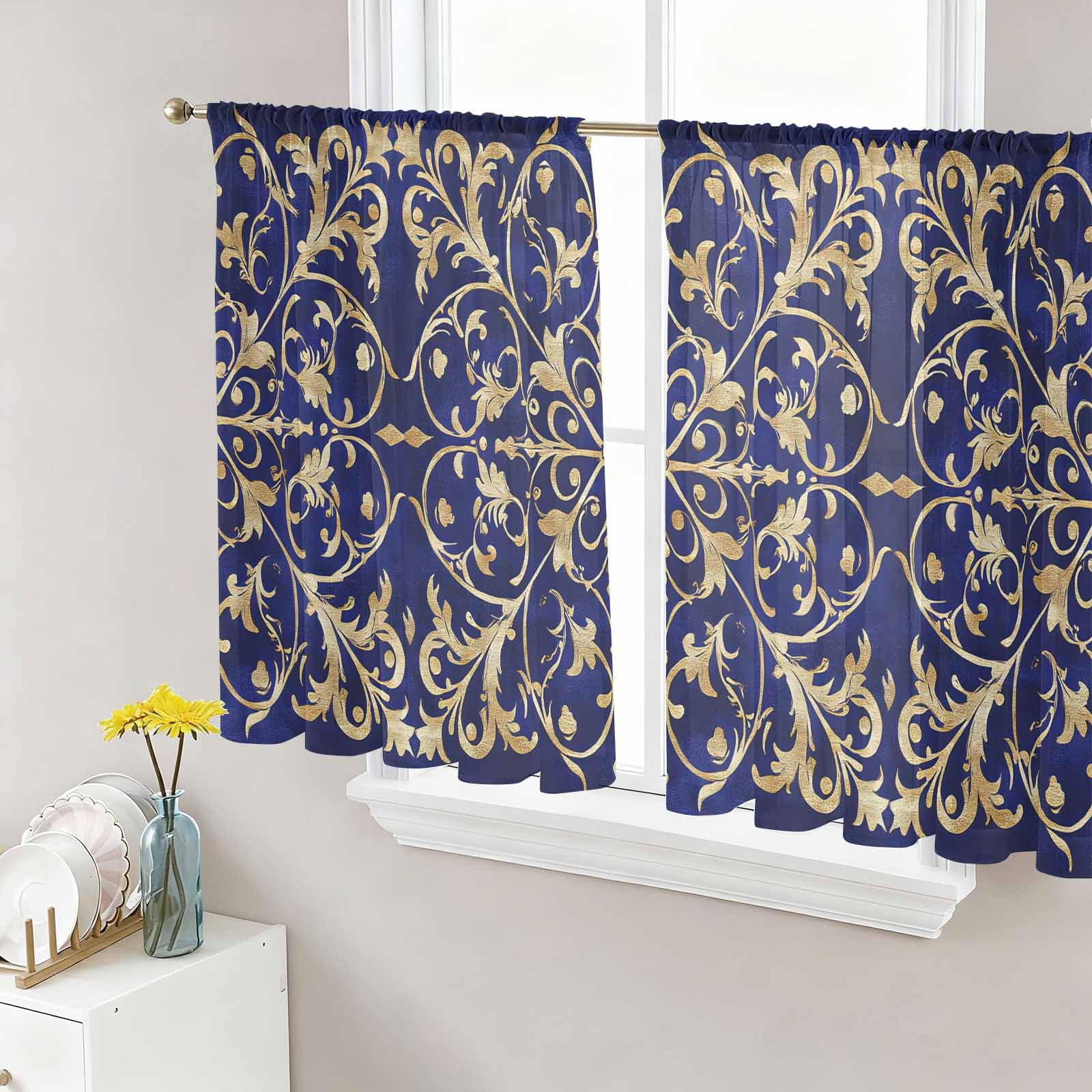 Abstract Blue Gold Semi Sheer Curtains 54 Inch Length 2 Panels Set ...