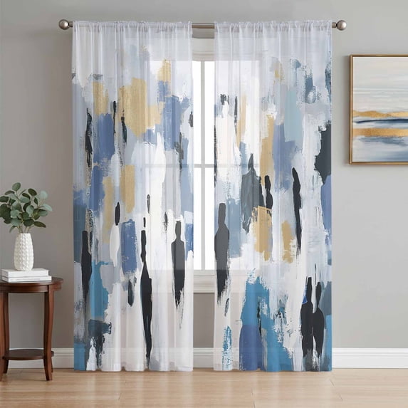 Abstract Blue Gold Sheer Curtains 96 Inch Length 2 Panels Set, Modern ...