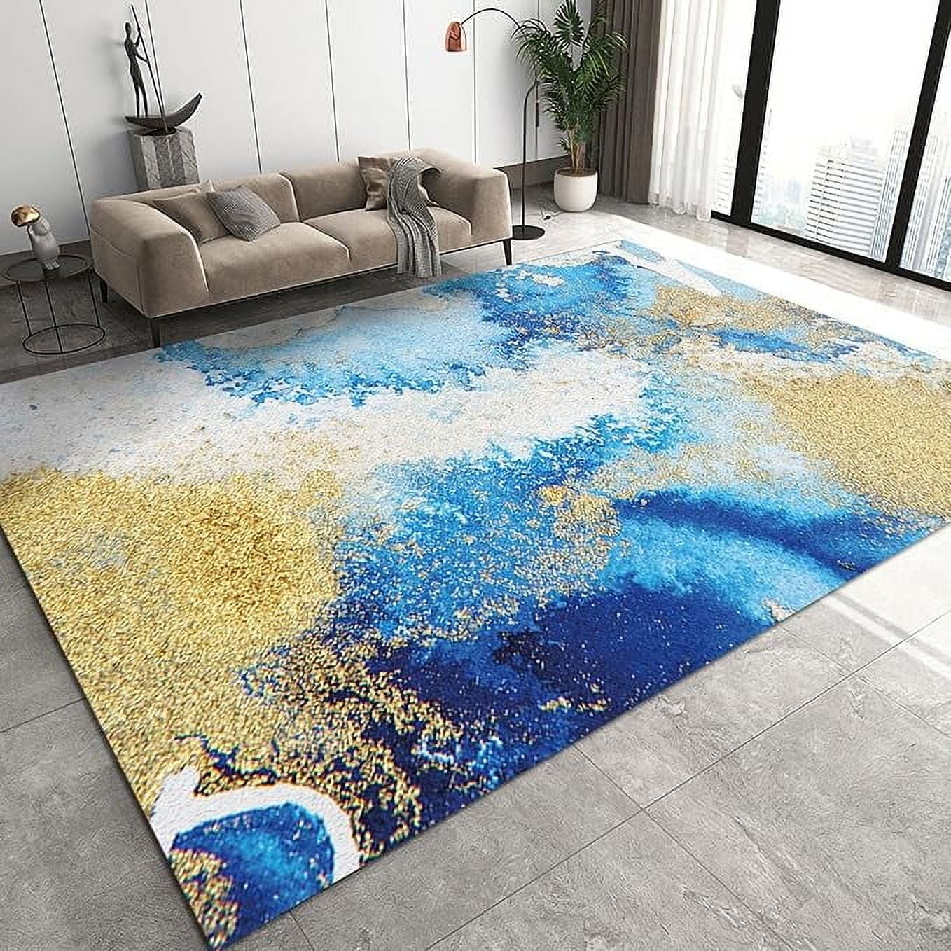 Abstract Blue Gold Splashed Ink Area Rug, Watercolor Gradient Texture ...
