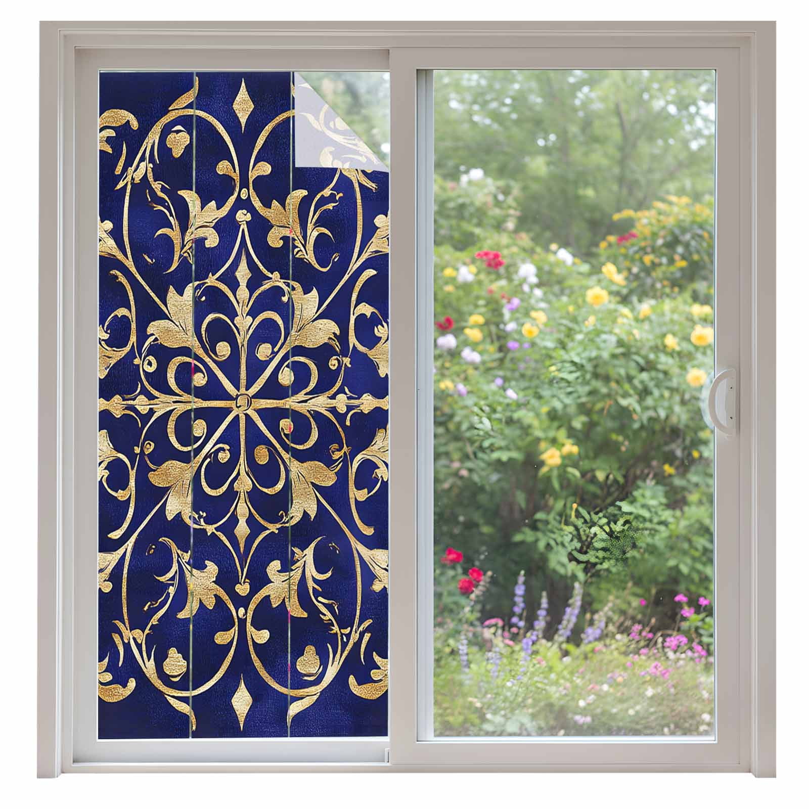 Abstract Blue Gold Window Privacy Film, Luxurious Traditional Flower ...