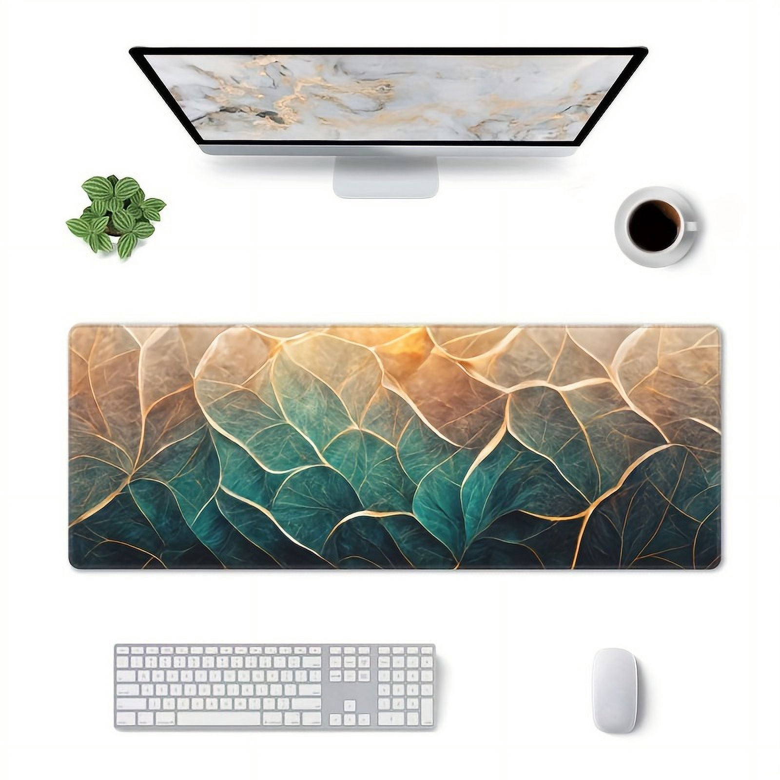Abstract Blue Golden Floral Marble Extended Big Mouse Pad Large,XL ...