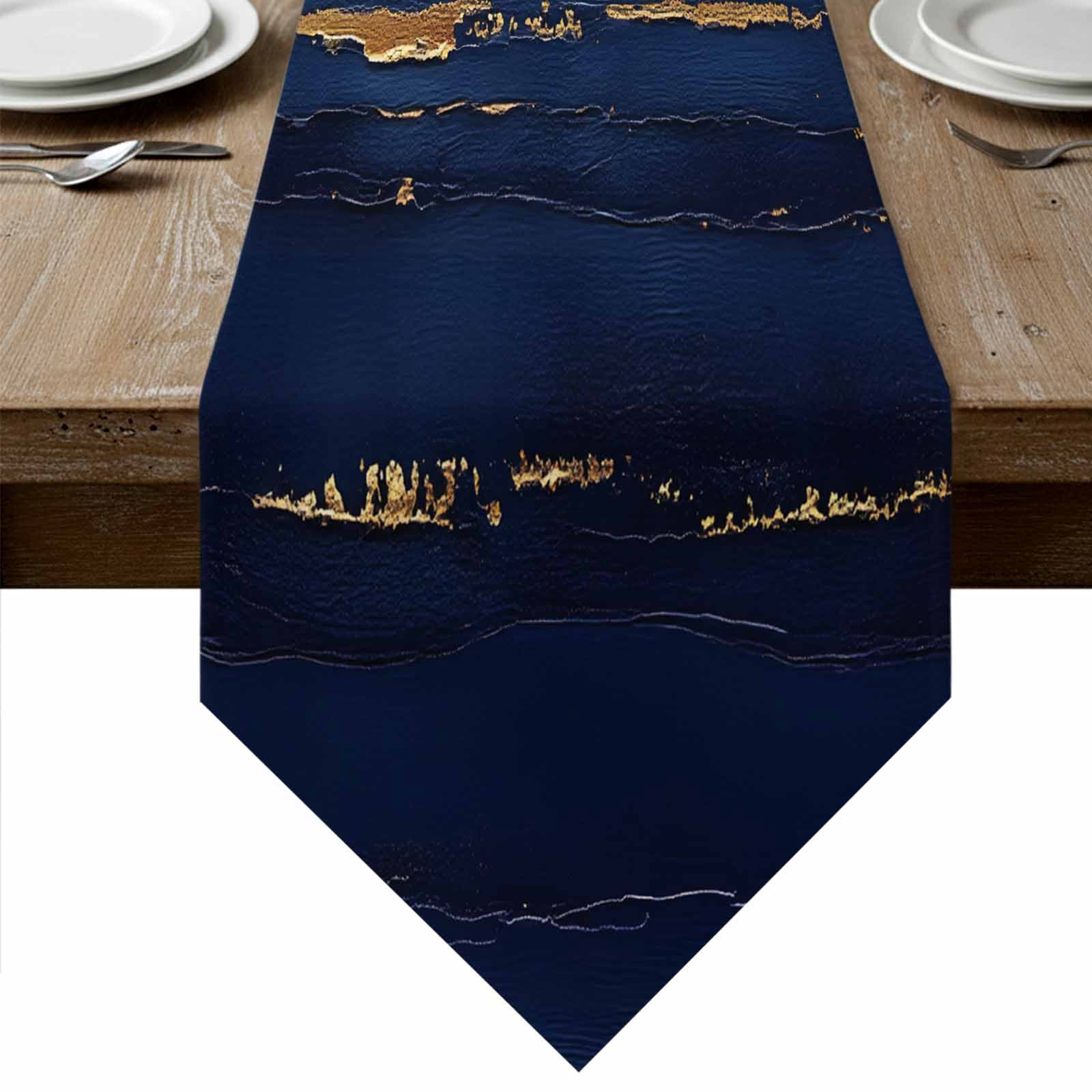 Abstract Blue Golden Table Runner Linen Burlap Table Runner 72 Inches ...
