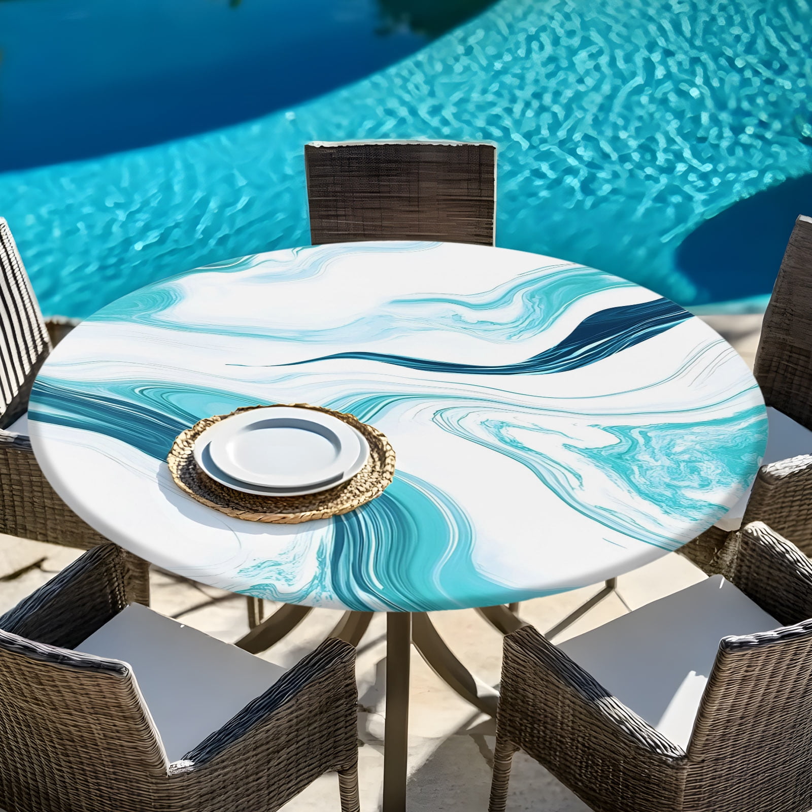 Abstract Blue Gradient Marble Round Fitted Tablecloth with Elastic Edge ...