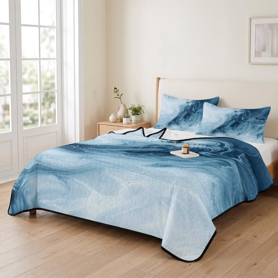 Abstract Blue Gradient Marble Texture 3 Pieces Quilt Set,1 Quilt with 2 ...
