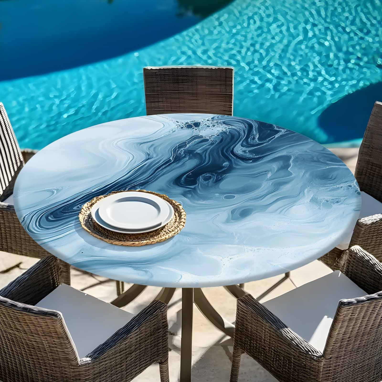 Abstract Blue Gradient Marble Texture Round Fitted Tablecloth with ...