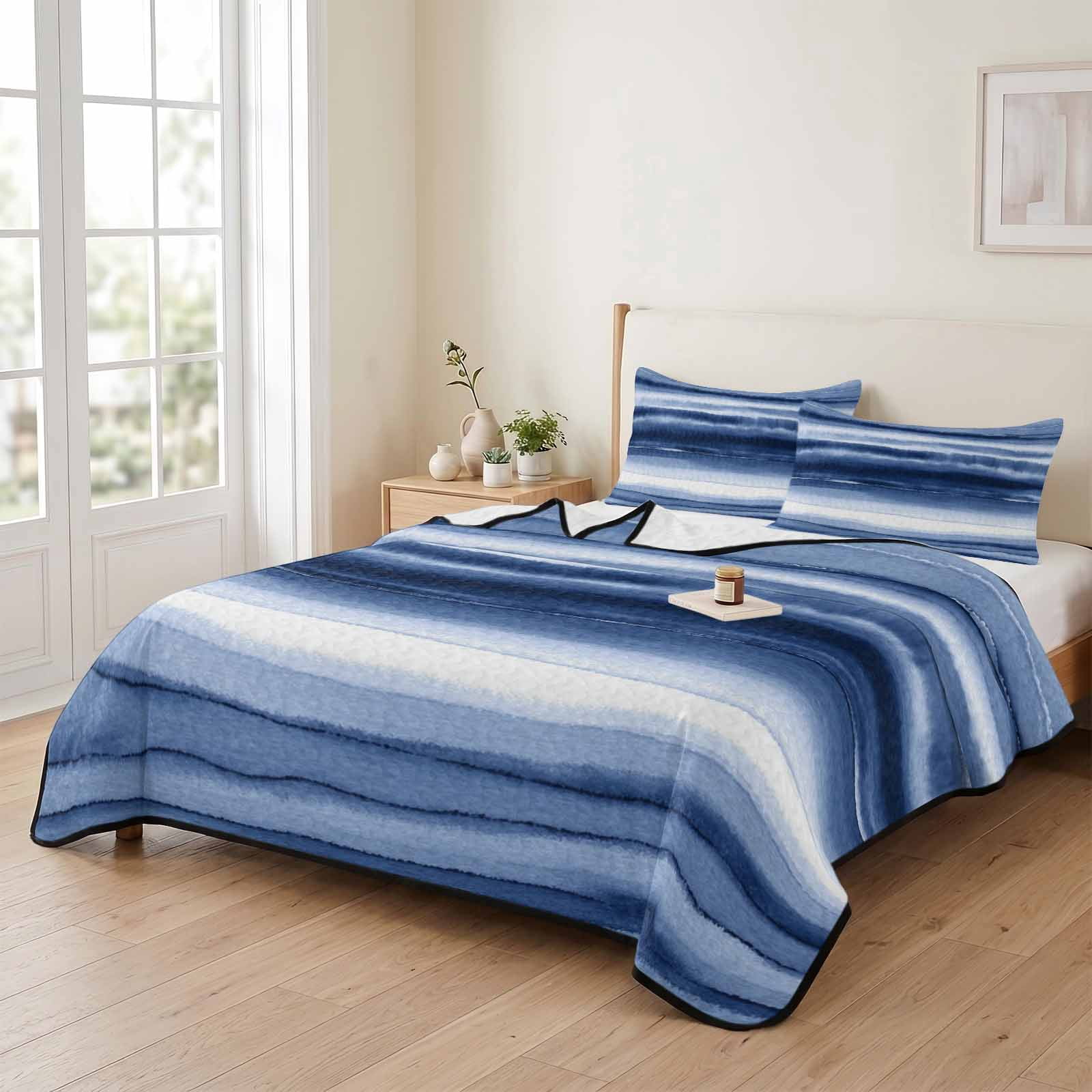 Abstract Blue Gradient Stripe 3 Pieces Quilt Set,1 Quilt with 2 Shams ...