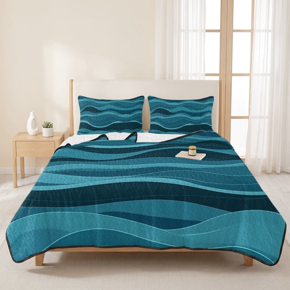 Abstract Blue Gradient Stripe 3 Pieces Quilt Set,1 Quilt with 2 Shams ...