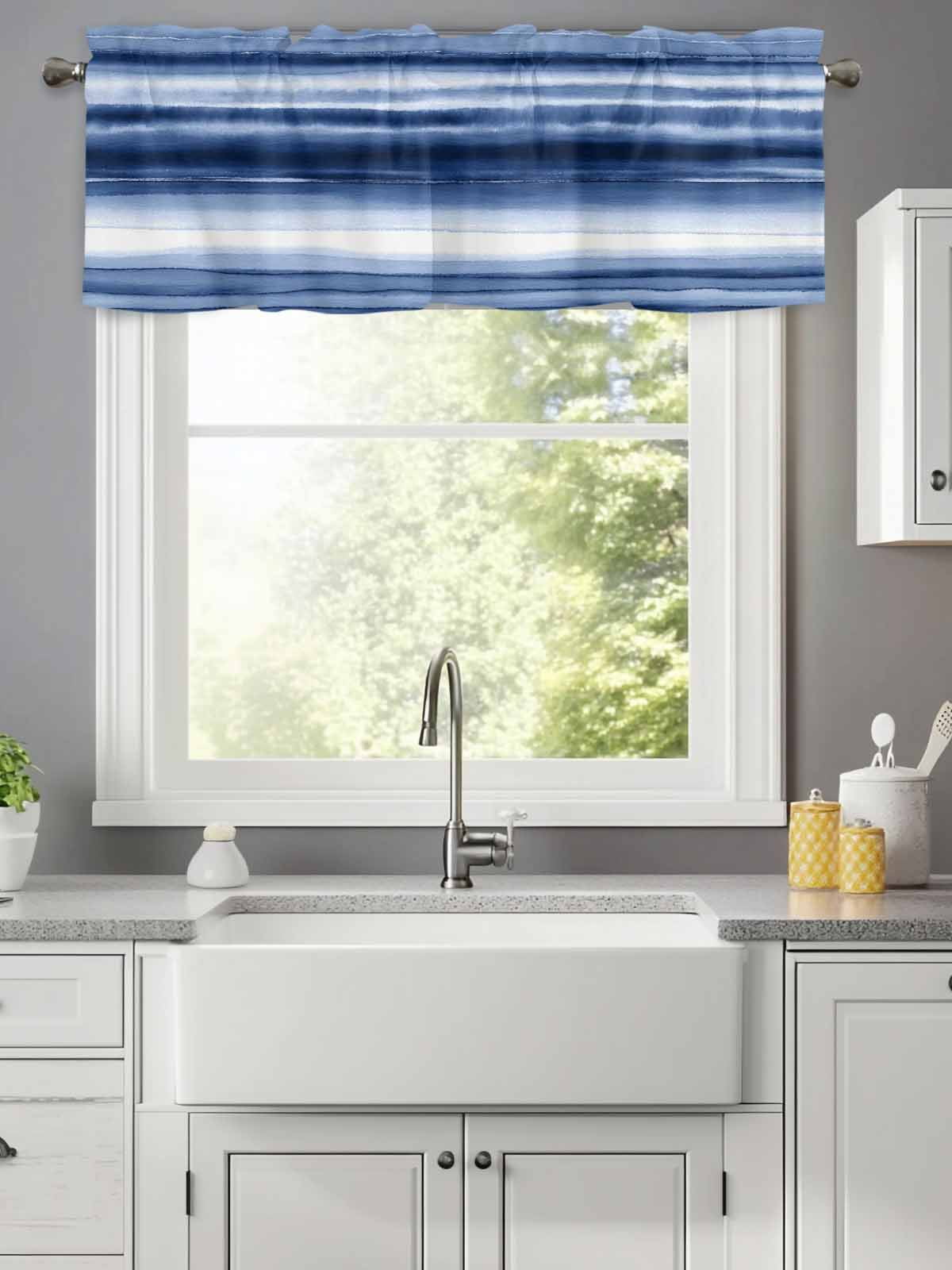 Abstract Blue Gradient Stripe Valances for Windows,Kitchen Valance Rod ...