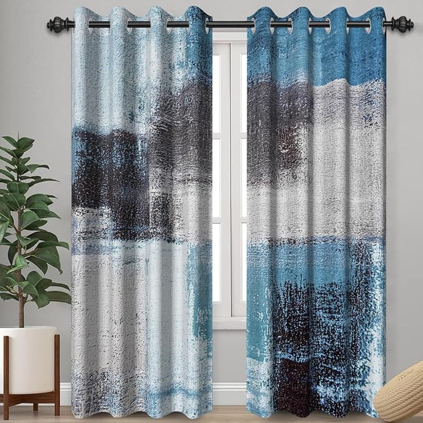 Abstract Blue Gray Curtains For Living Room, Modern Geometric Plaid ...