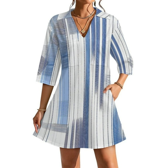 Abstract Blue Gray Lines Art Womens Dress With Pockets Summer V Neck 3/ ...