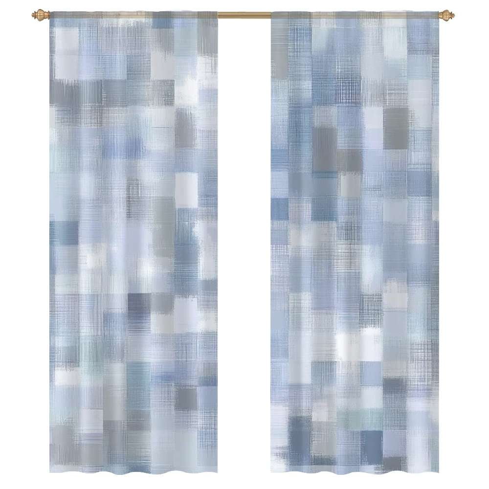 Abstract Blue Gray Patchwork Art Sheer Window Curtains for Living Room ...