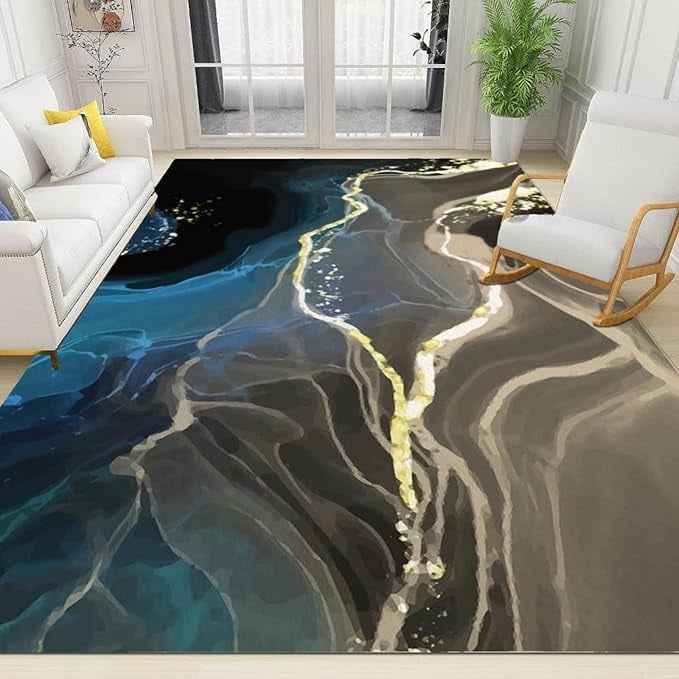 Abstract Blue Gray Smoke Marble Texture Area Rug, Luxurious Black Gold ...