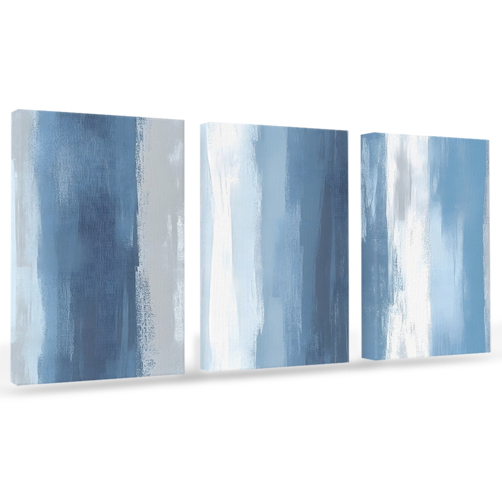 Abstract Blue Gray Stripes Canvas Wall Art 3 Panels, Watercolors Framed ...