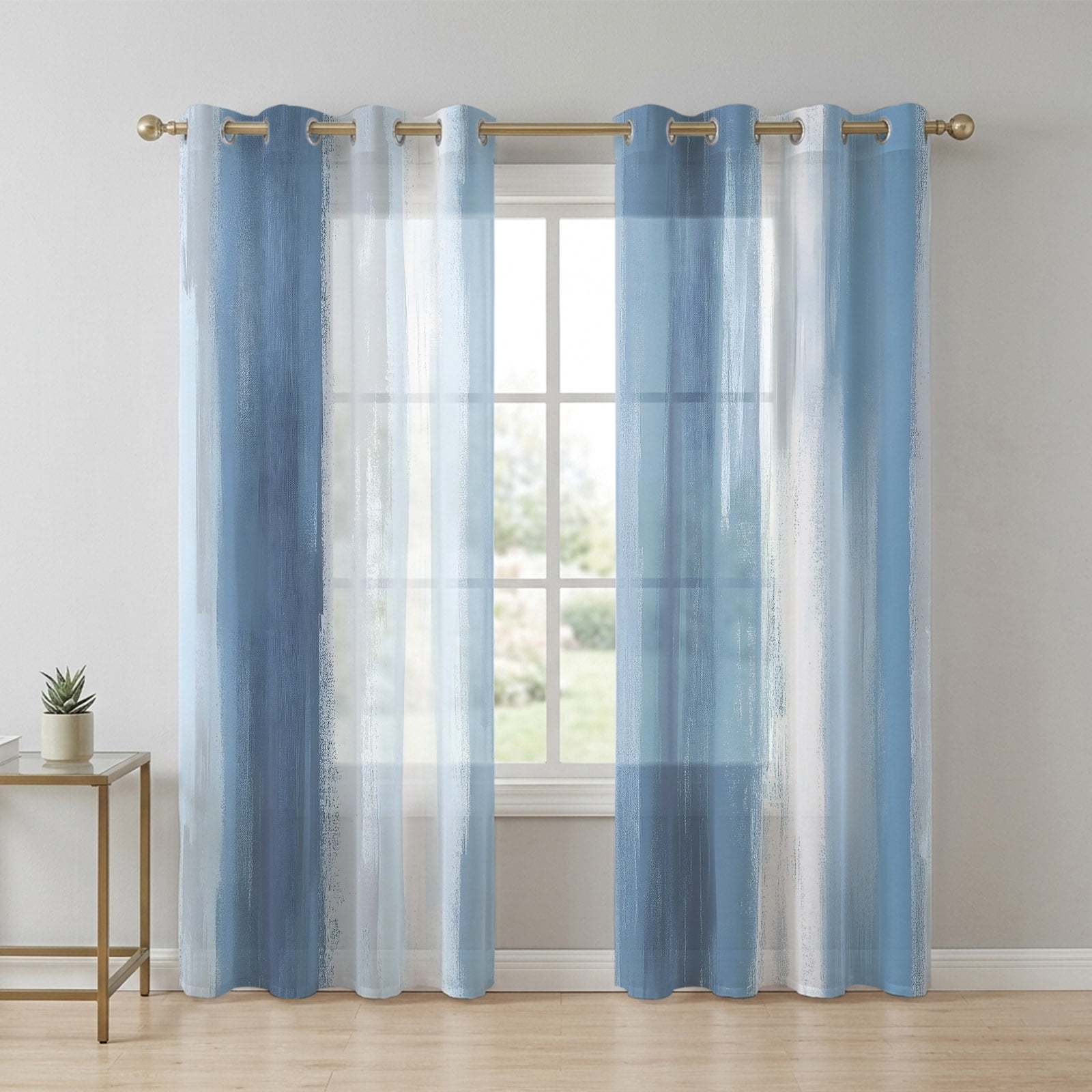 Abstract Blue Gray Stripes Sheer Curtains 63 Inch Long 2 Panels ...