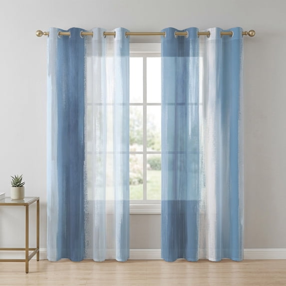 Abstract Blue Gray Stripes Sheer Curtains 63 Inch Long 2 Panels ...