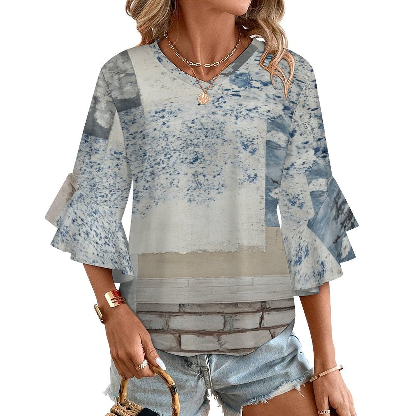 Abstract Blue Gray Wall Art Women's V-Neck Blouse With 3/4 Ruffled Bell ...