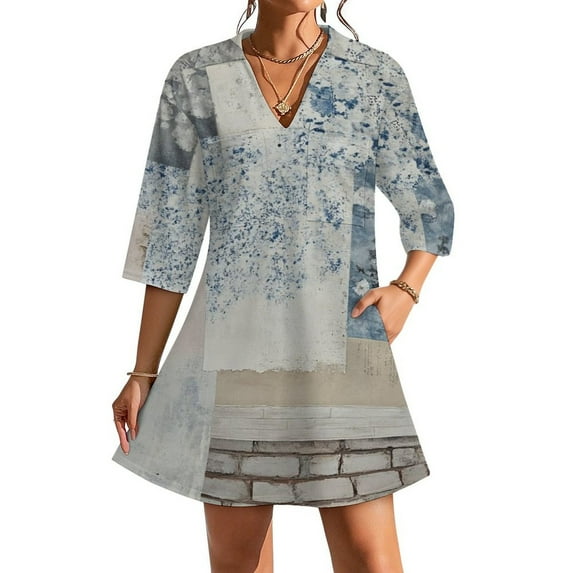 Abstract Blue Gray Wall Art Womens Dress With Pockets Summer V Neck 3/4 ...