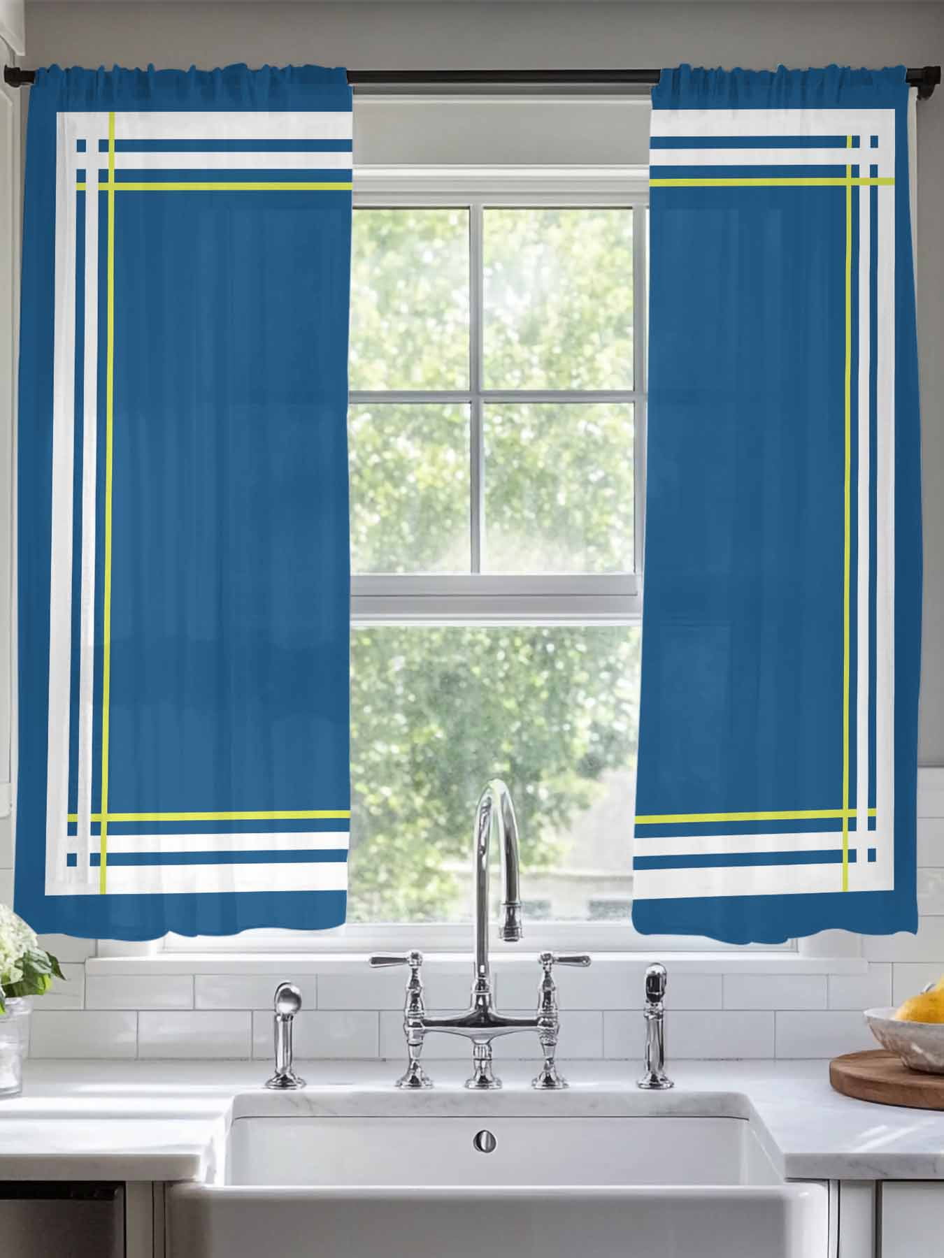 Abstract Blue Green Lines Chiffon Sheer Curtains 72 Inches Long Modern ...