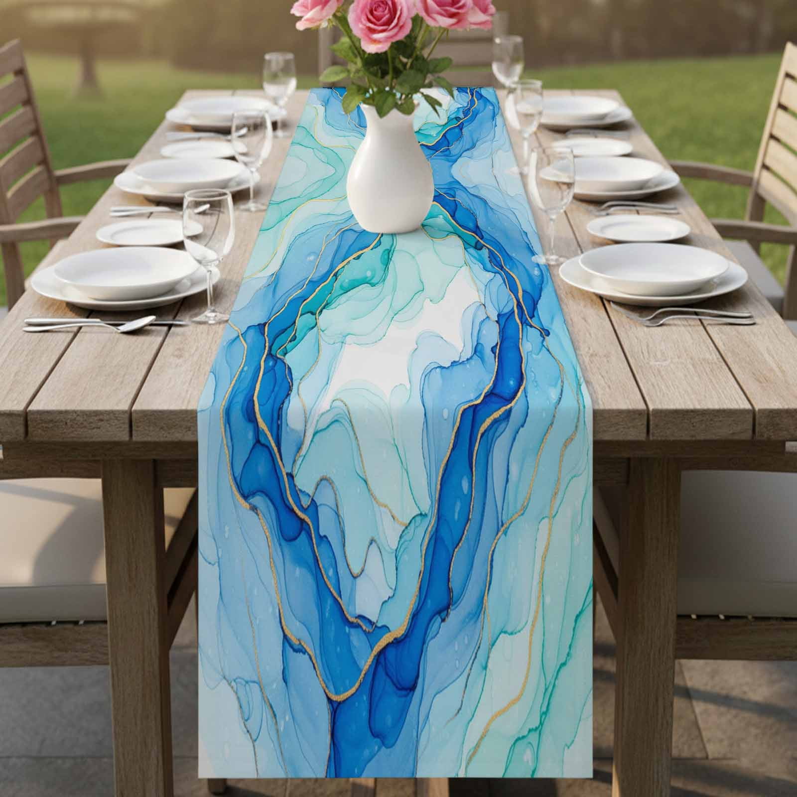 Abstract Blue Green Marble Texture Table Runner 13x36in Non-Slip Cotton ...