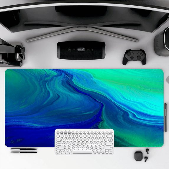 Abstract Blue Green Wave Mouse Pad 35.4 x 15.8 Inches Rubber Desk Mat ...