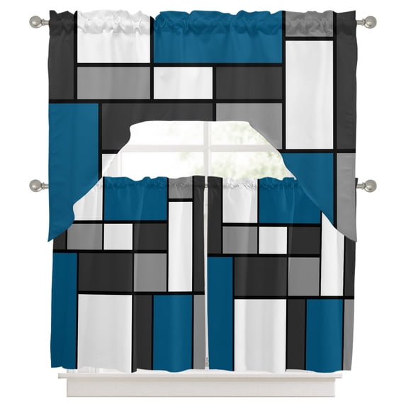 Abstract Blue Grey Kitchen Curtains Swag Valance and Tier Curtains Set ...
