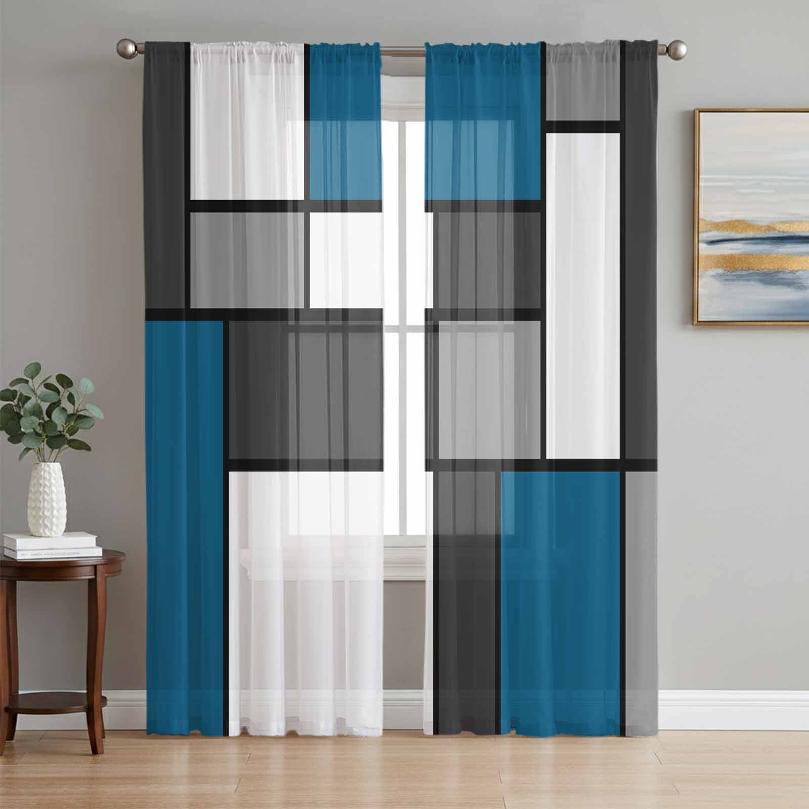 Abstract Blue Grey Sheer Curtains for Living Room Bedroom Modern ...