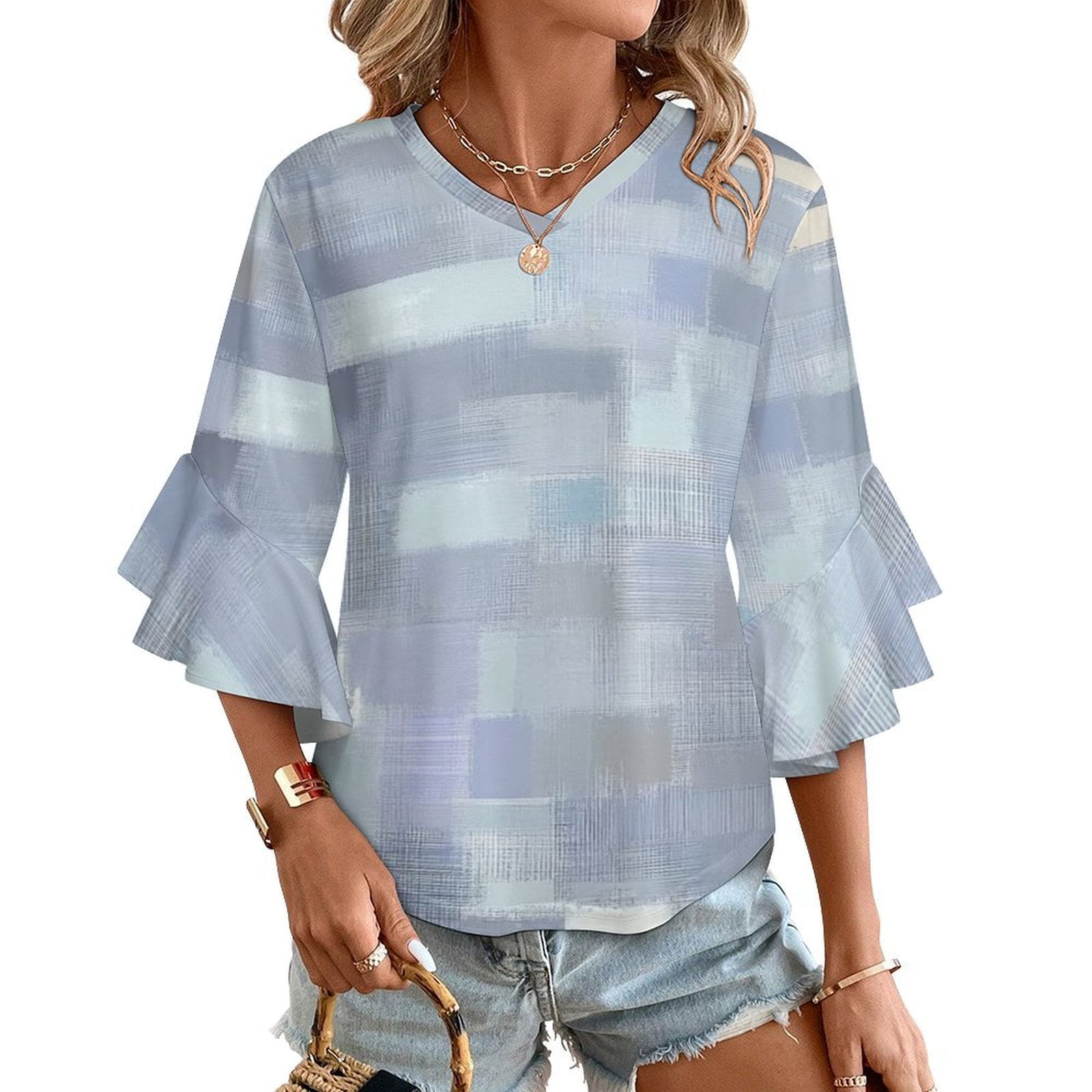 Abstract Blue Grey Texture Women's V-Neck Blouse With 3/4 Ruffled Bell ...