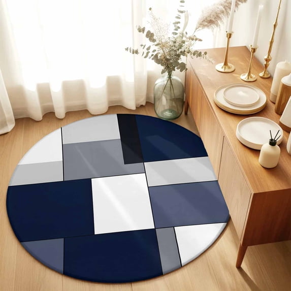 Abstract Blue Grey White Patchwork Round Rug 3ft Modern Art Square ...