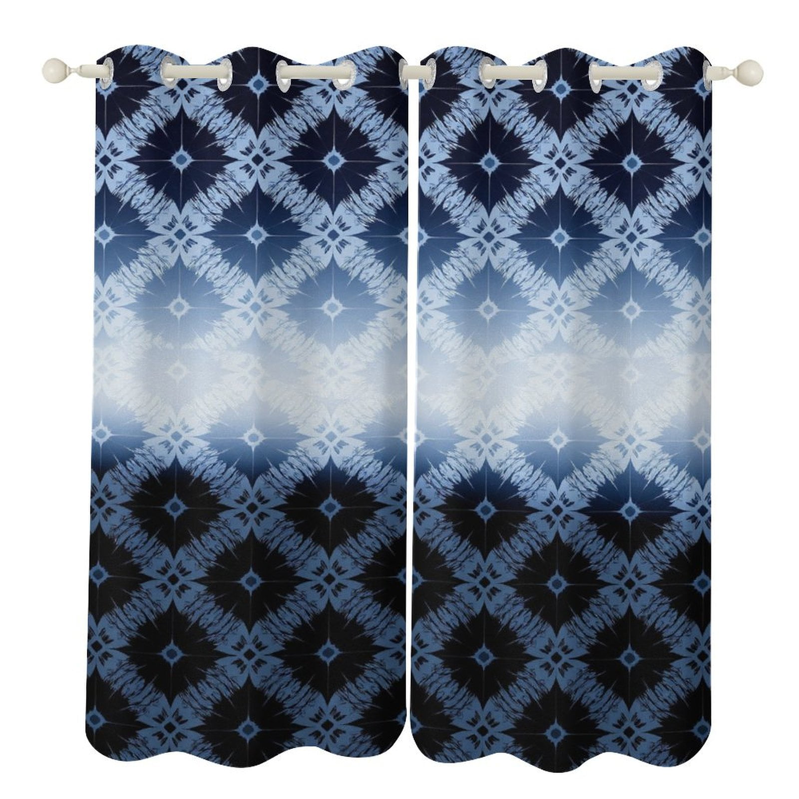 Abstract Blue Indigo Floral Pattern Design 2 Pieces Window Drape ...